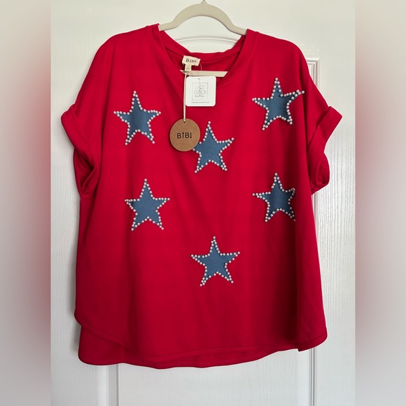 BiBi | Shirts & Tops | Bibi Red Tee With Blue Star Accents | Poshmark